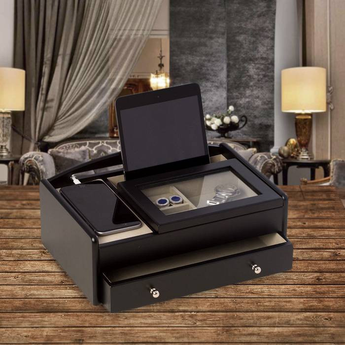 Buy Personalized Matte Black Wood Valet Box Gifts - Center Gifts
